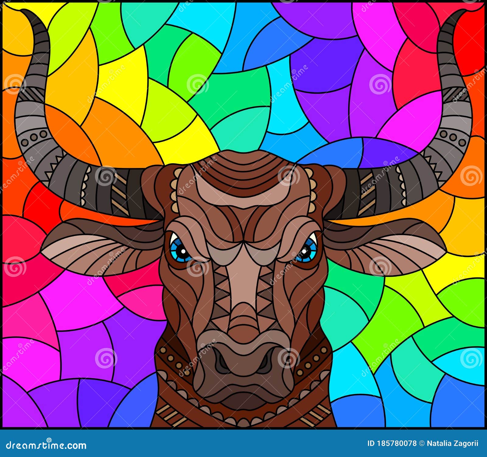 Stained Glass Illustration with Abstract Bull Head on a Rainbow ...