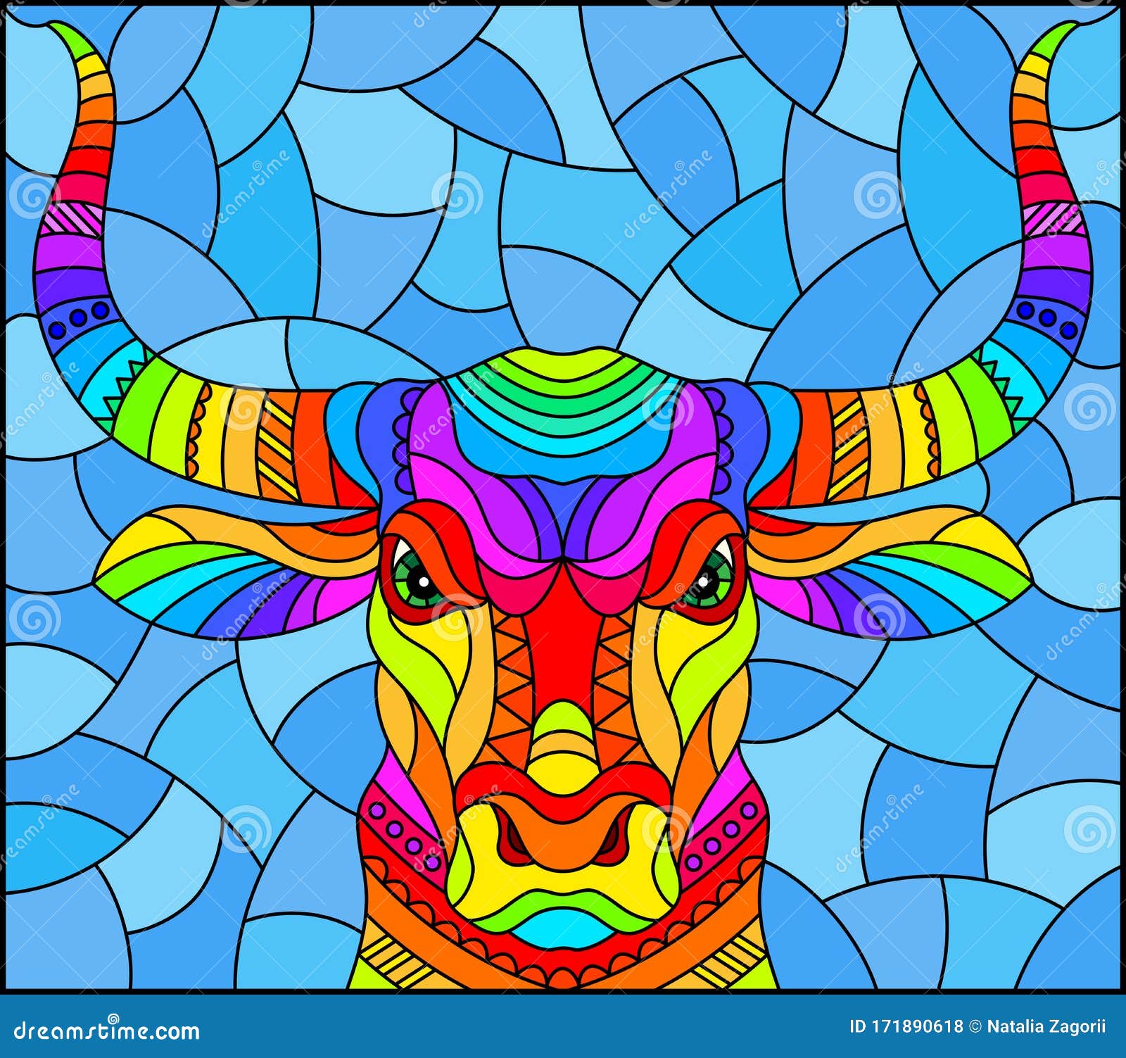 Stained Glass Illustration with Abstract Rainbow Bull Head on a Blue ...