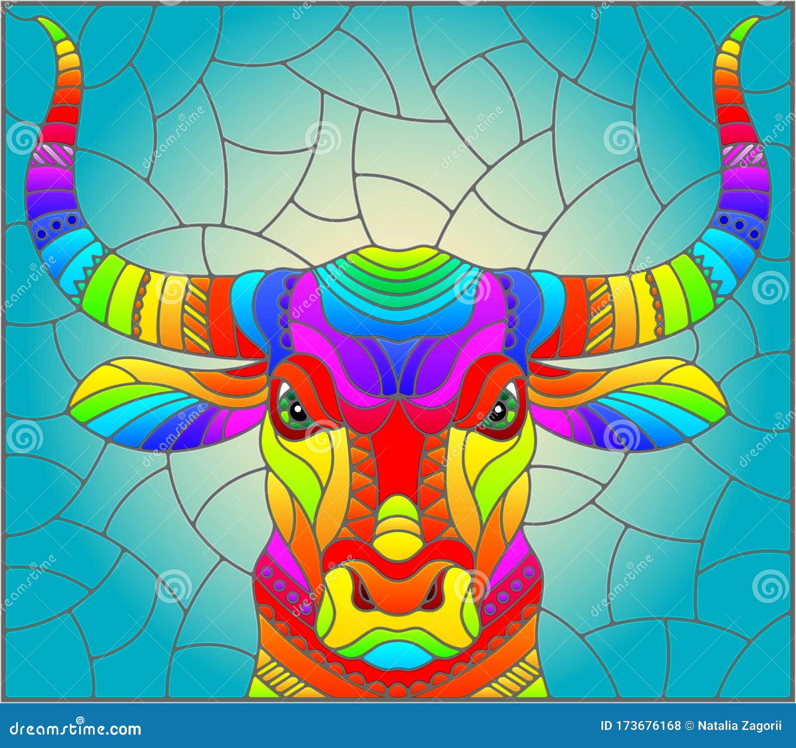 Stained Glass Illustration With Abstract Rainbow Bull Head On A Blue ...