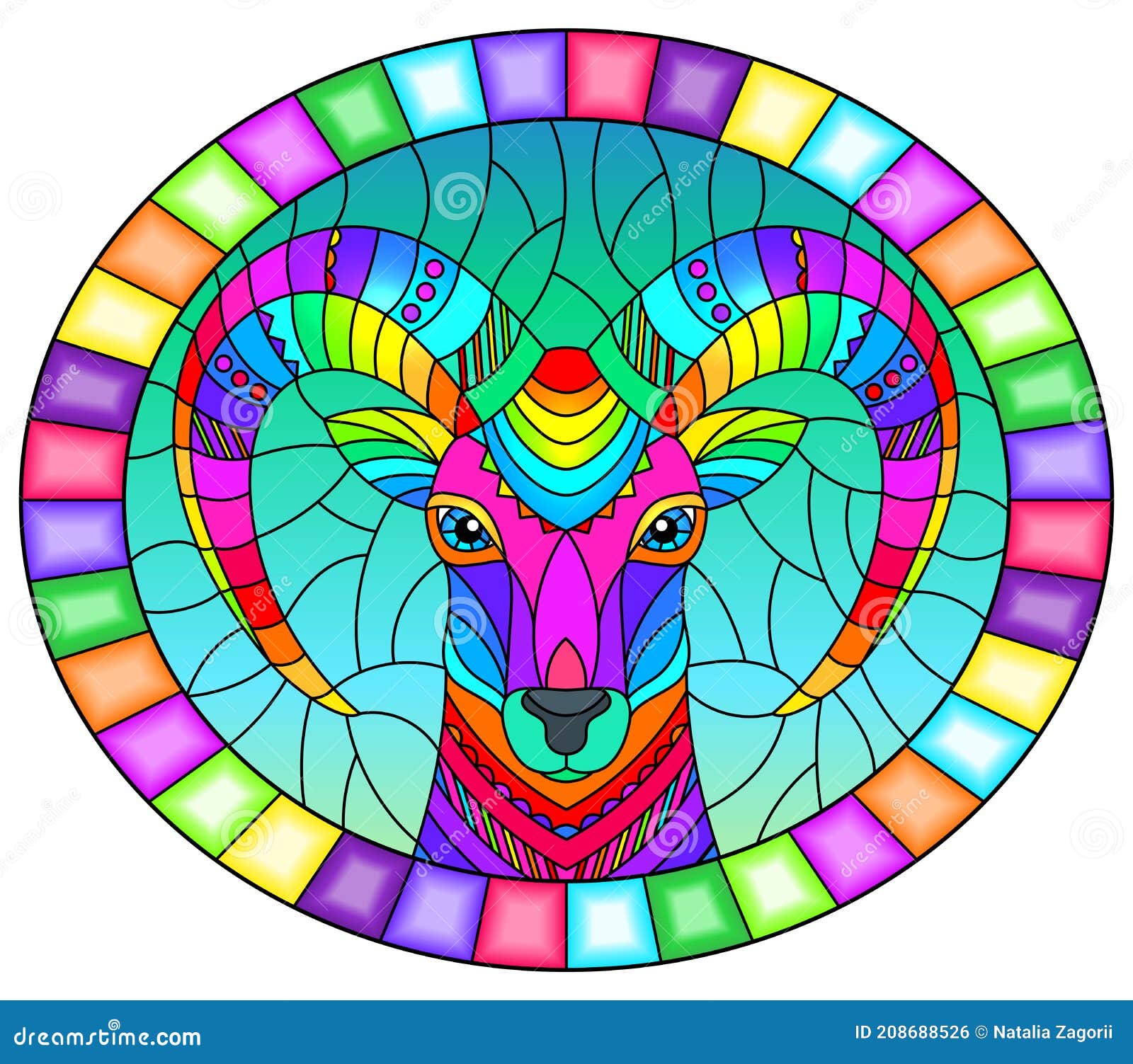 Stained Glass Illustration with Abstract Rainbow Ram Head on a Sky ...