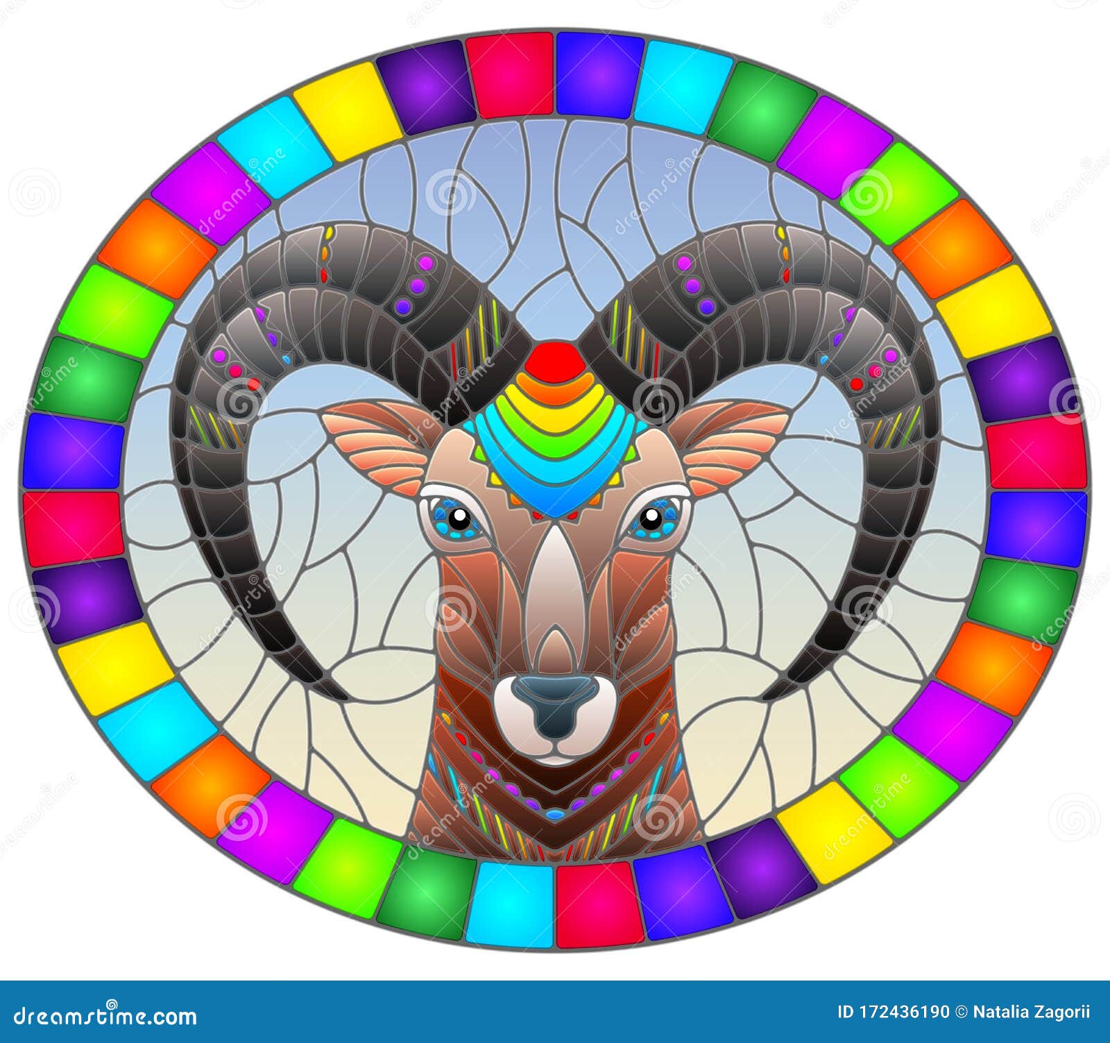 Stained Glass Illustration with Abstract Ram Head on a Blue Background ...