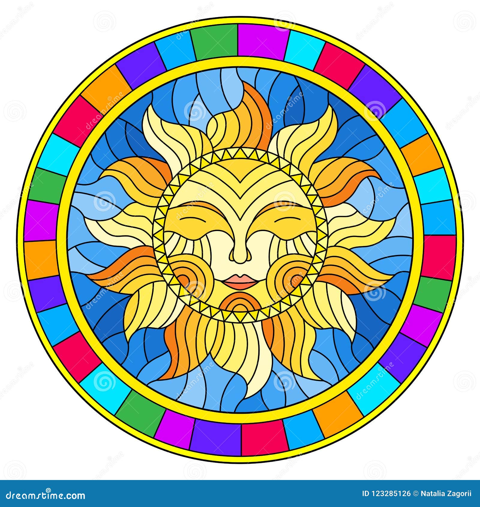 Stained Glass Illustration with Abstract Sun in Bright Frame,round ...