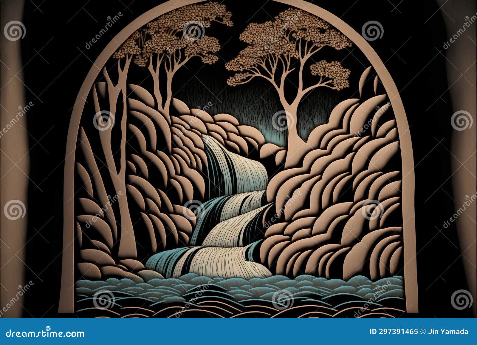Illustration of a Stylized Landscape with Trees and a River. Stock ...
