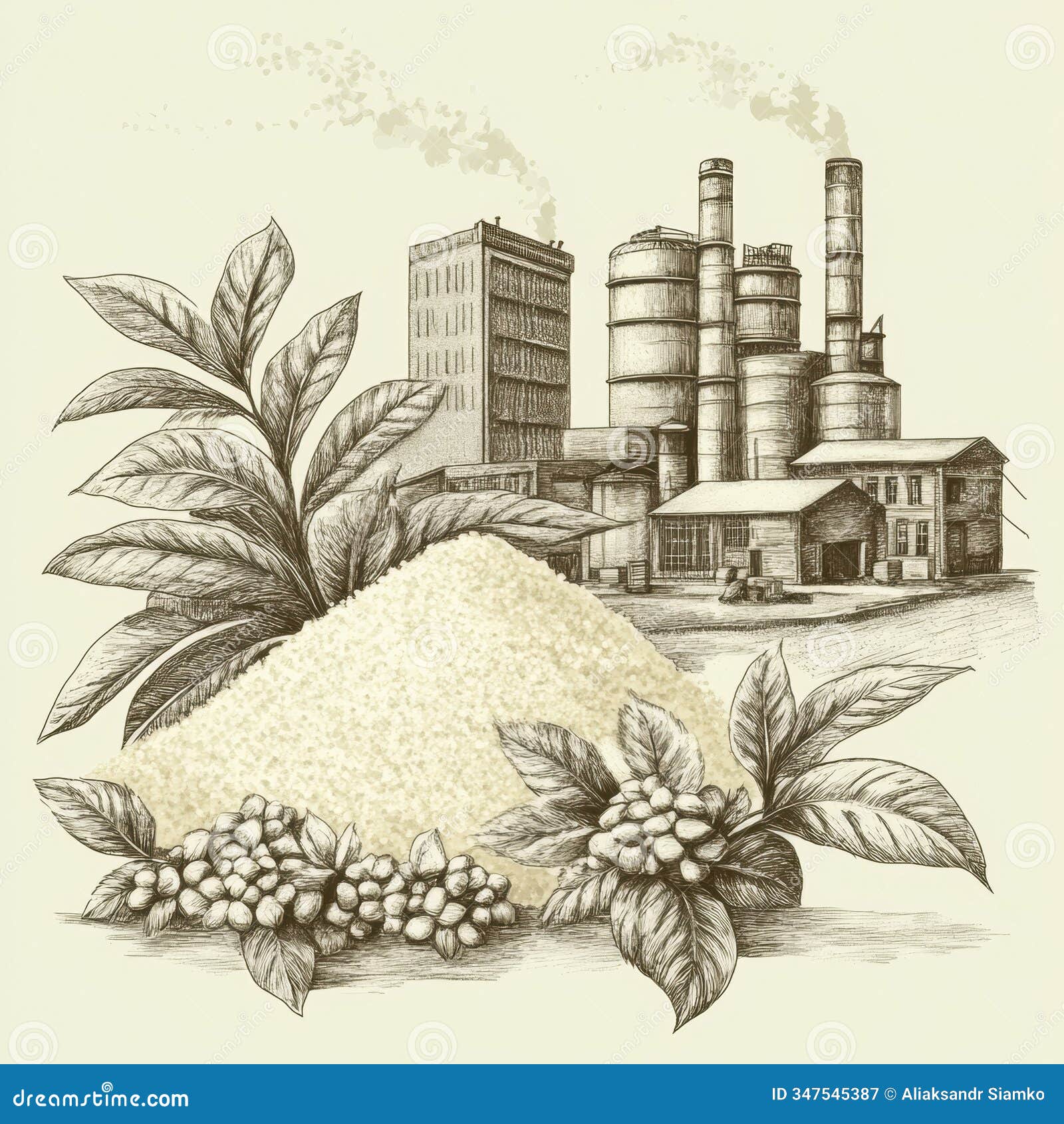 Illustration of Sugar Cane Processing with Plants and Factory Buildings ...