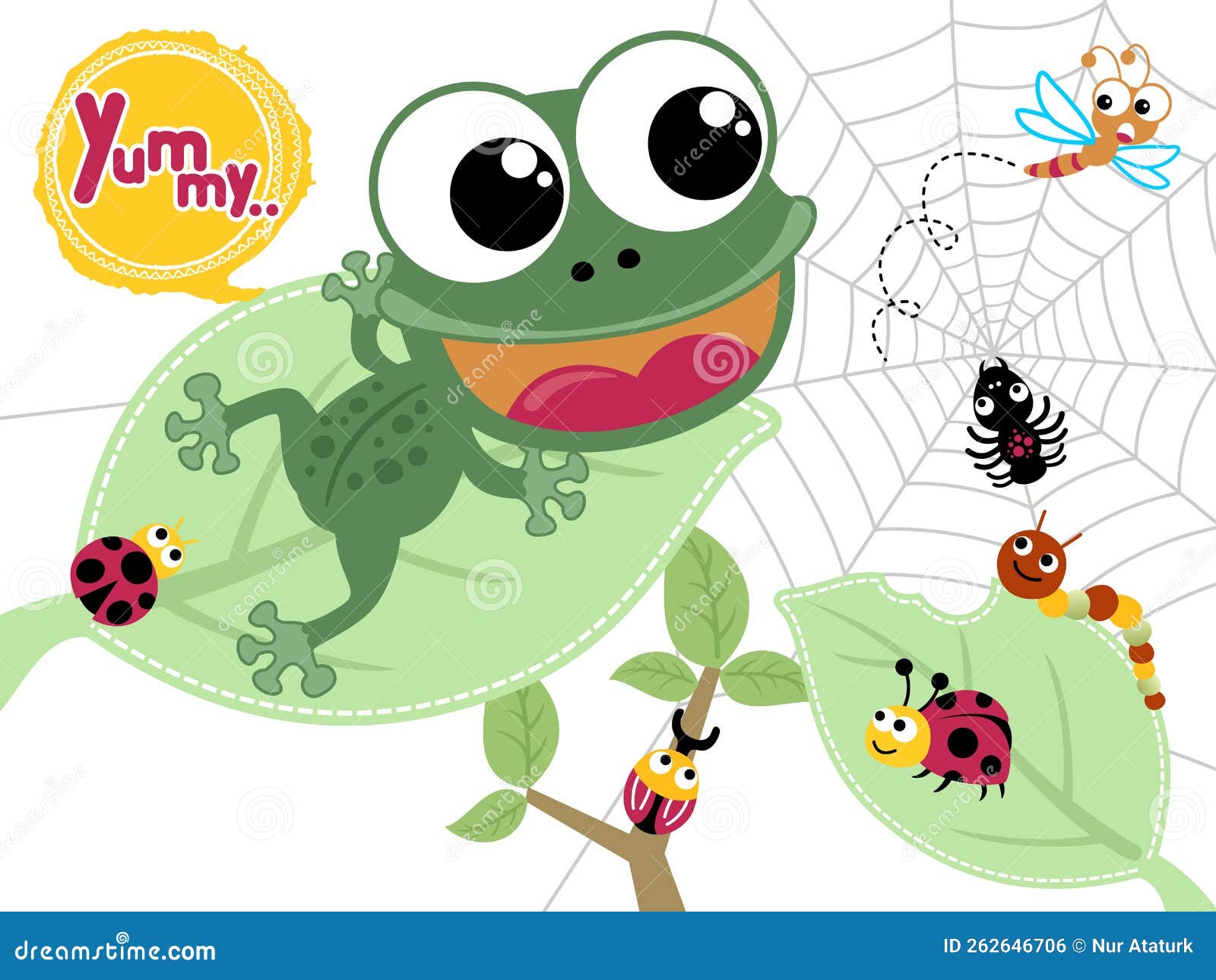 Vector Illustration of Funny Frog Cartoon with Bugs on Leaves Stock ...