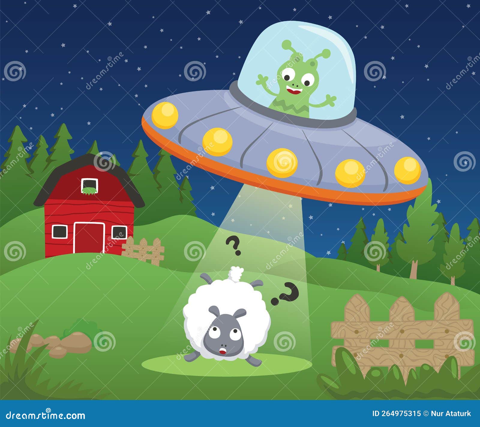 Vector Illustration of Cartoon Alien in UFO Kidnapped a Sheep in Farm ...