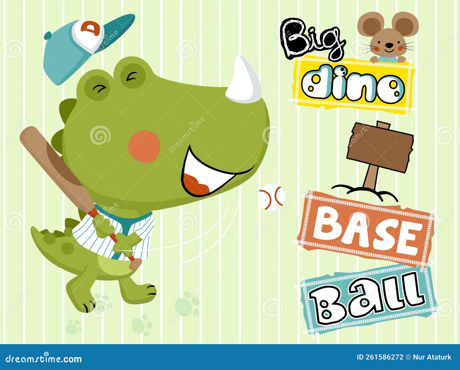 Funny Dinosaur Cartoon Playing Baseball with Little Mouse Stock Vector ...