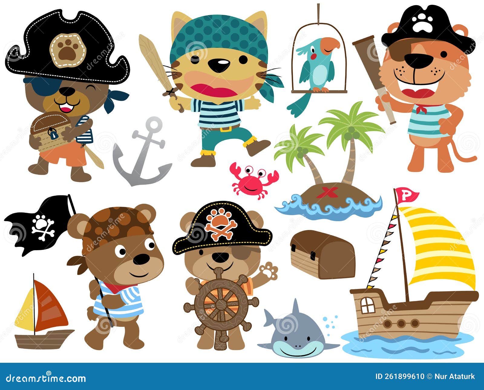 Funny Animals Pirate Cartoon Collection Set. Pirate Element Cartoon ...