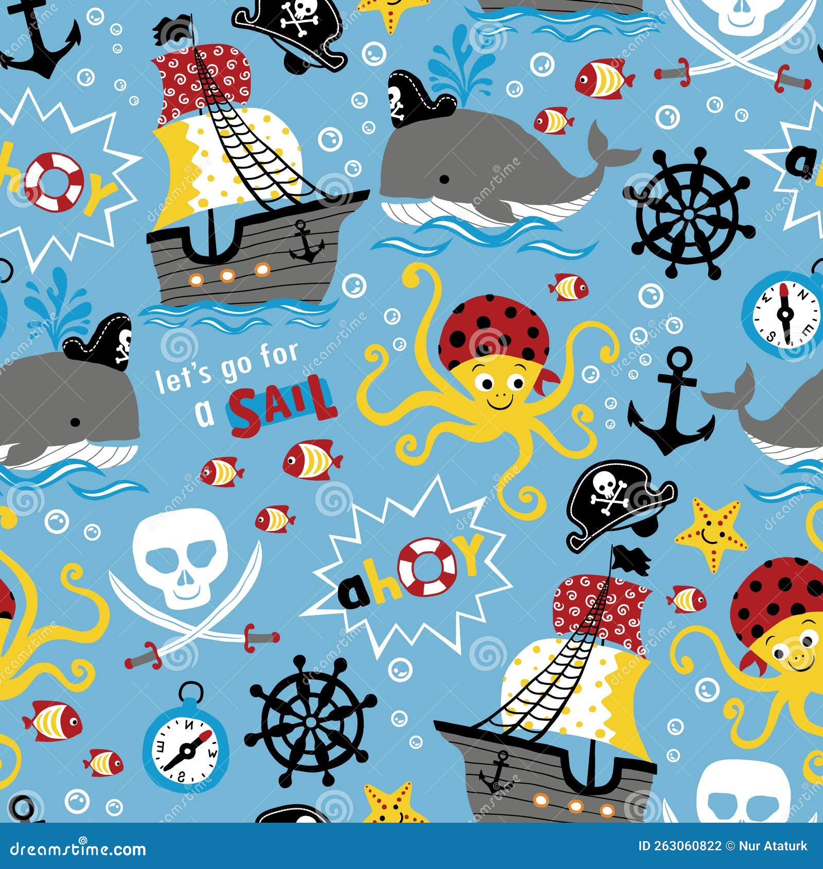 Vector Seamless Pattern of Pirates Elements Cartoon. Marine Animals in ...