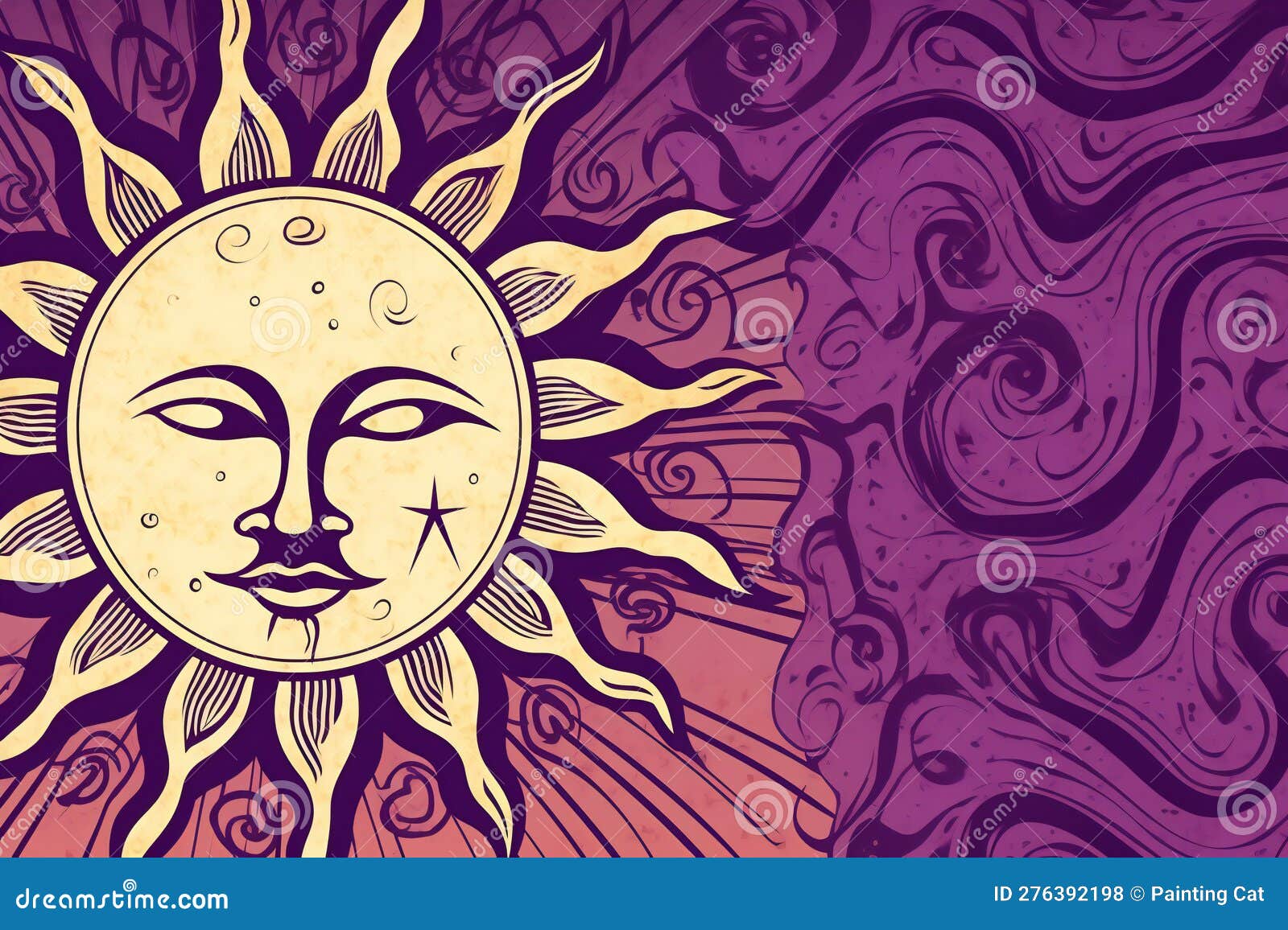 Illustration of a Sun with a Face in the Center on a Purple Background ...