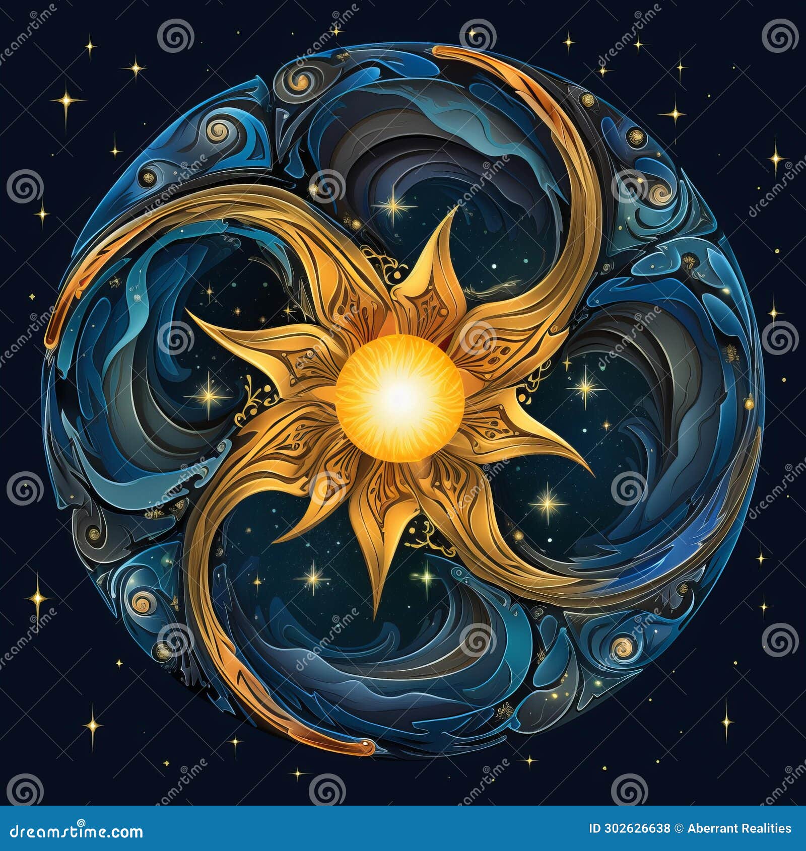 An Illustration of a Sun and Moon in a Circle with Swirls Around it ...