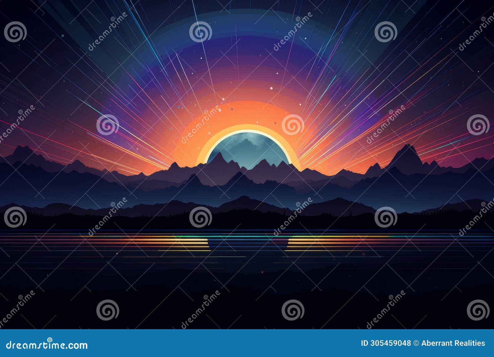 An Illustration of the Sun Rising Over Mountains and Water Stock ...