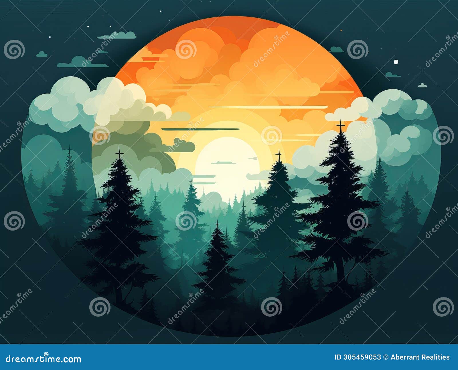 An Illustration of the Sun Setting Over a Forest Stock Illustration ...