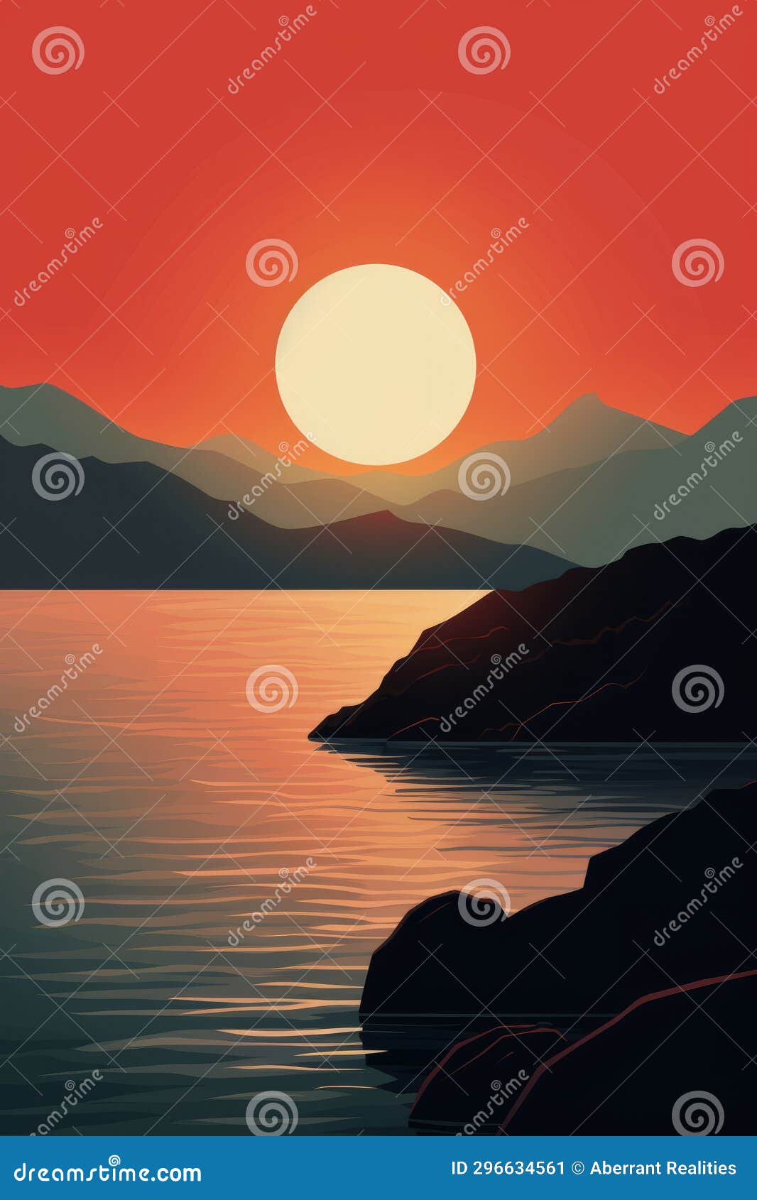An Illustration of the Sun Setting Over a Lake with Mountains in the ...