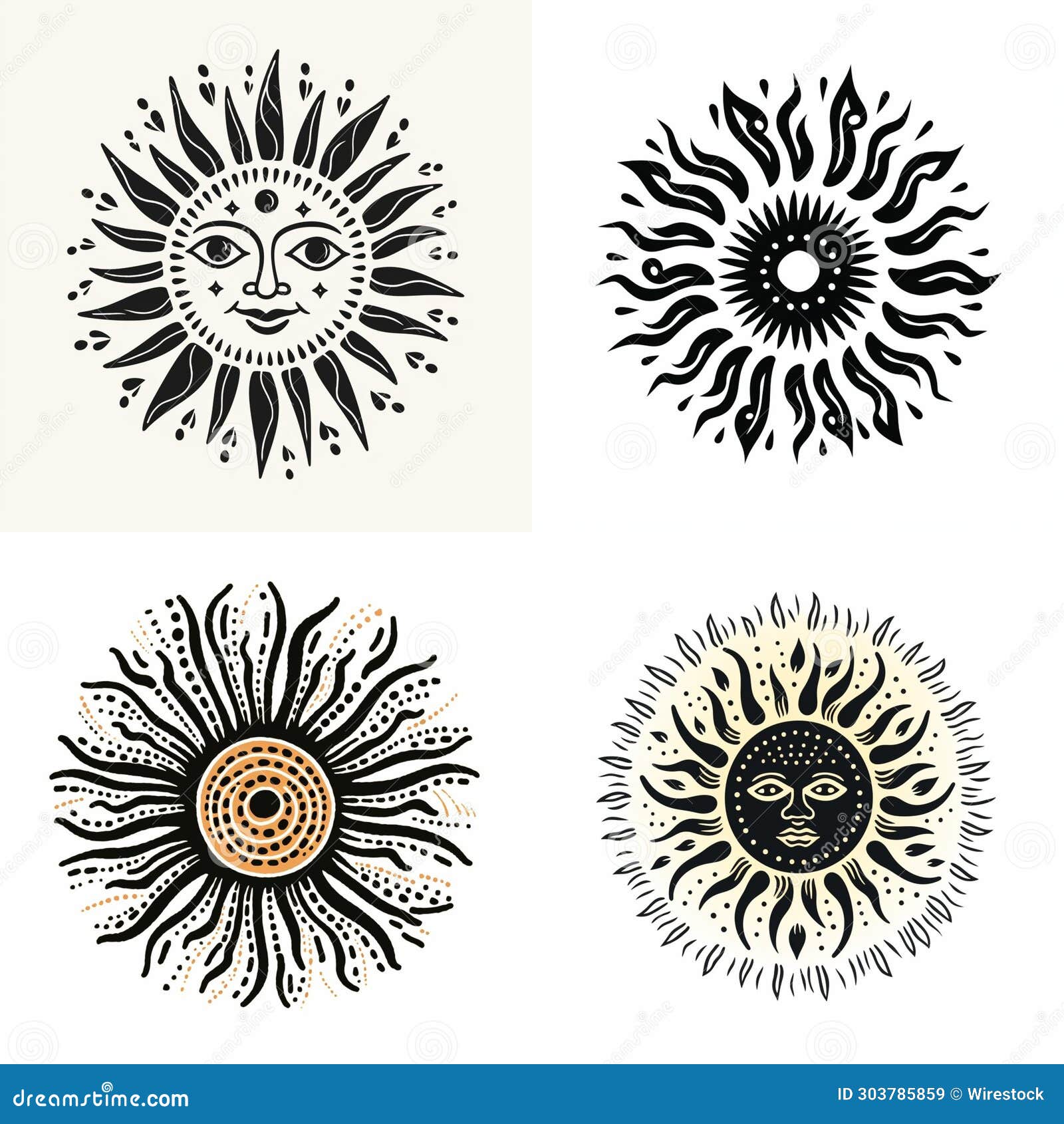 Illustration of the Sun Sketch with Four Unique Patterns Stock ...