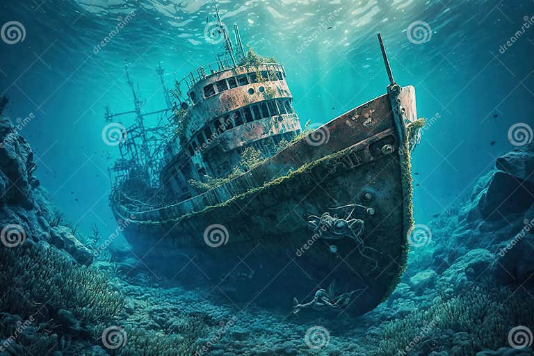 Illustration of Sunken Ship on the Ocean Bottom - Ai Generative Stock ...