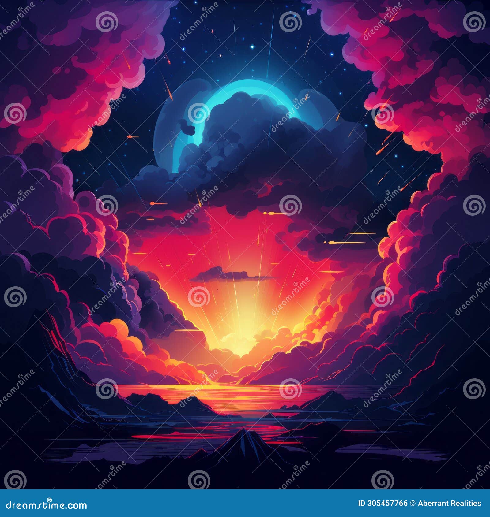 An Illustration of a Sunset with Clouds and an Explosion in the Sky ...