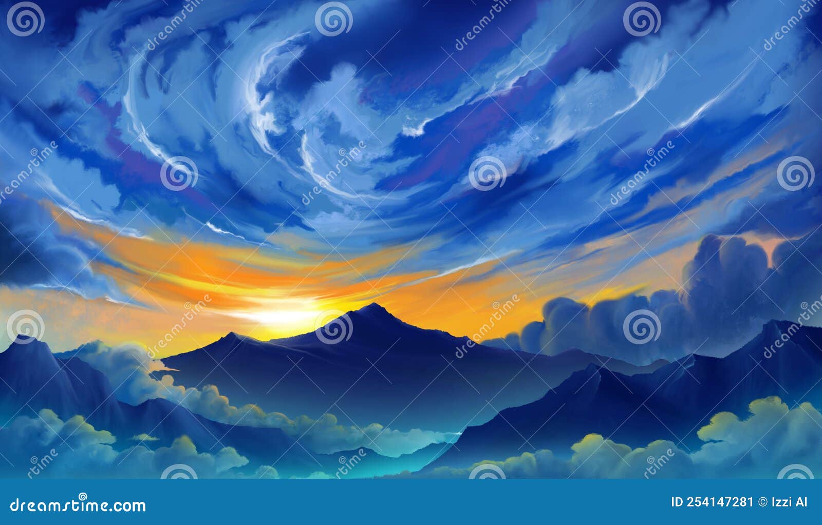Illustration of Sunset in the Mountains. with Beautiful Clouds Stock ...