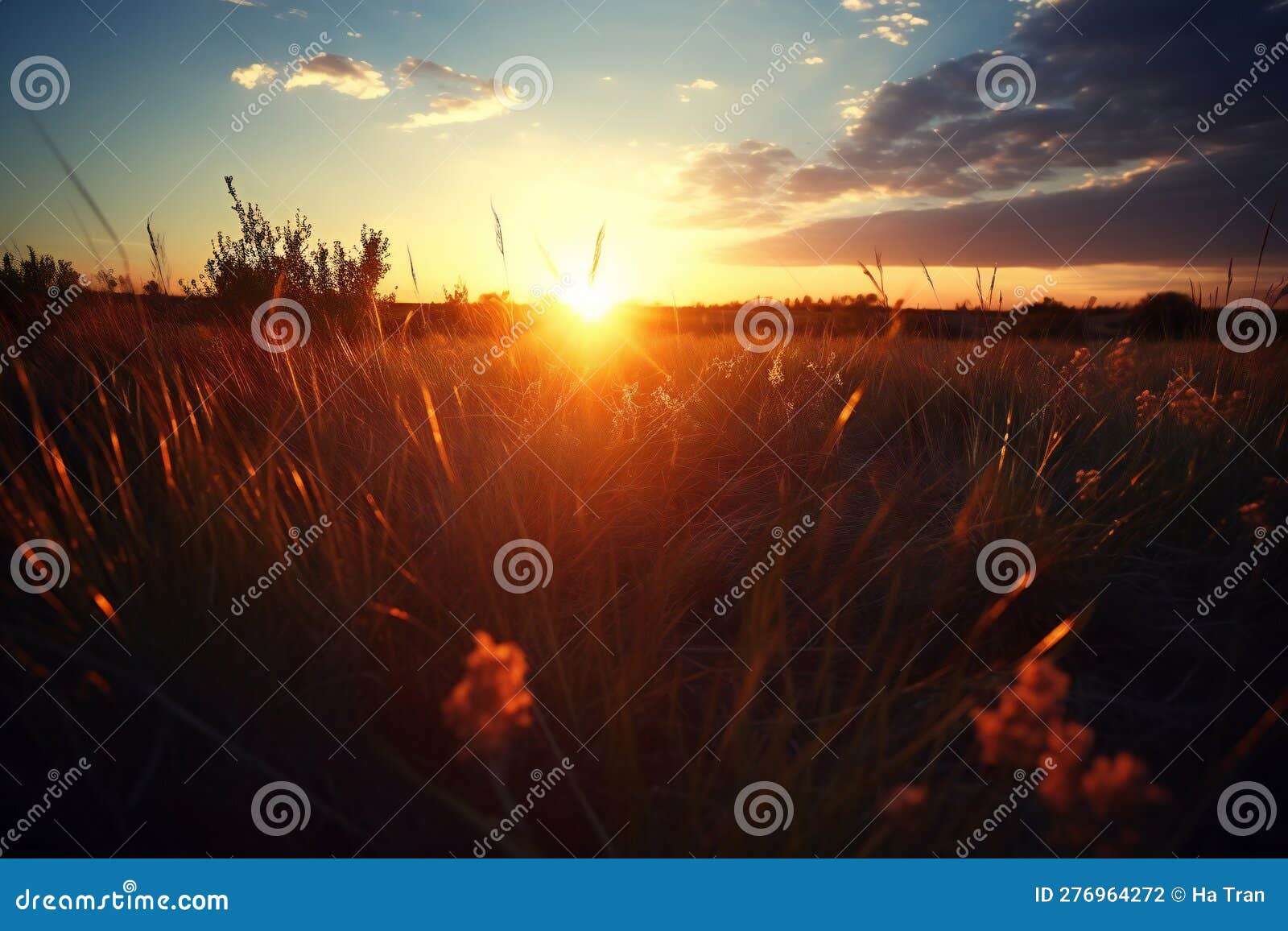 Sunset Over a Field with Grass and Flowers in the Foreground Stock ...