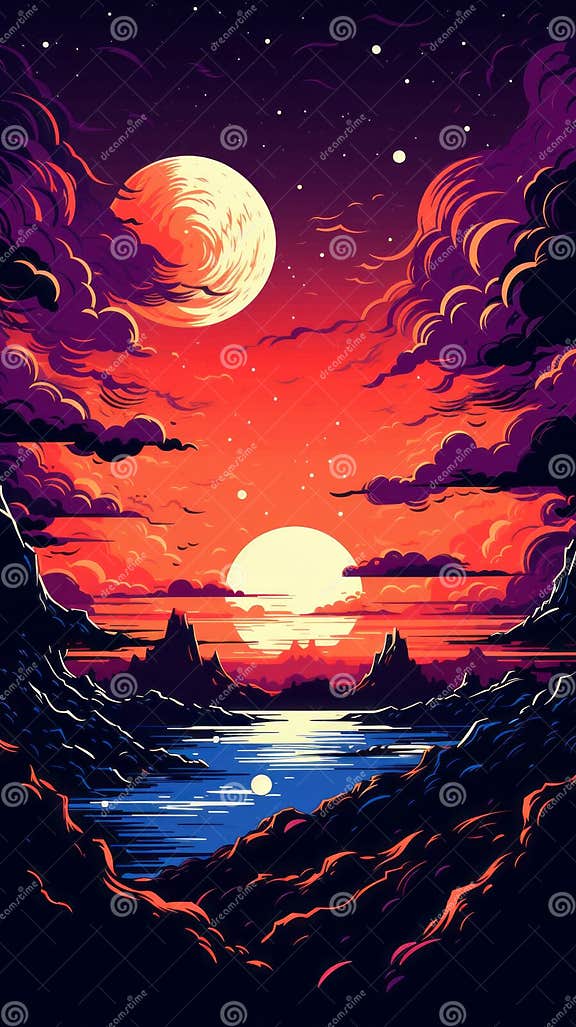 An Illustration of a Sunset with Planets and Clouds Stock Illustration ...