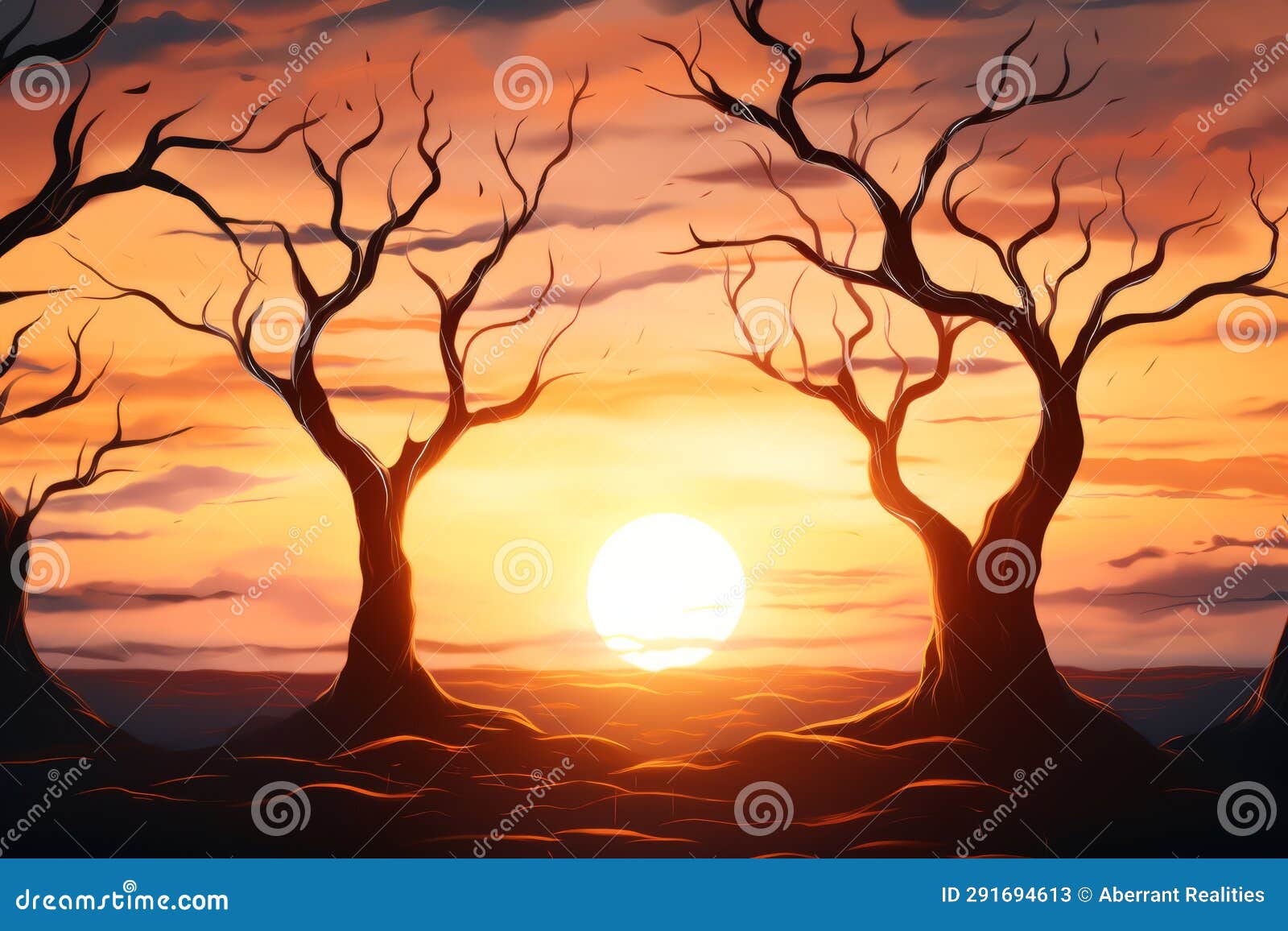 An Illustration of a Sunset with Trees in the Background Stock ...