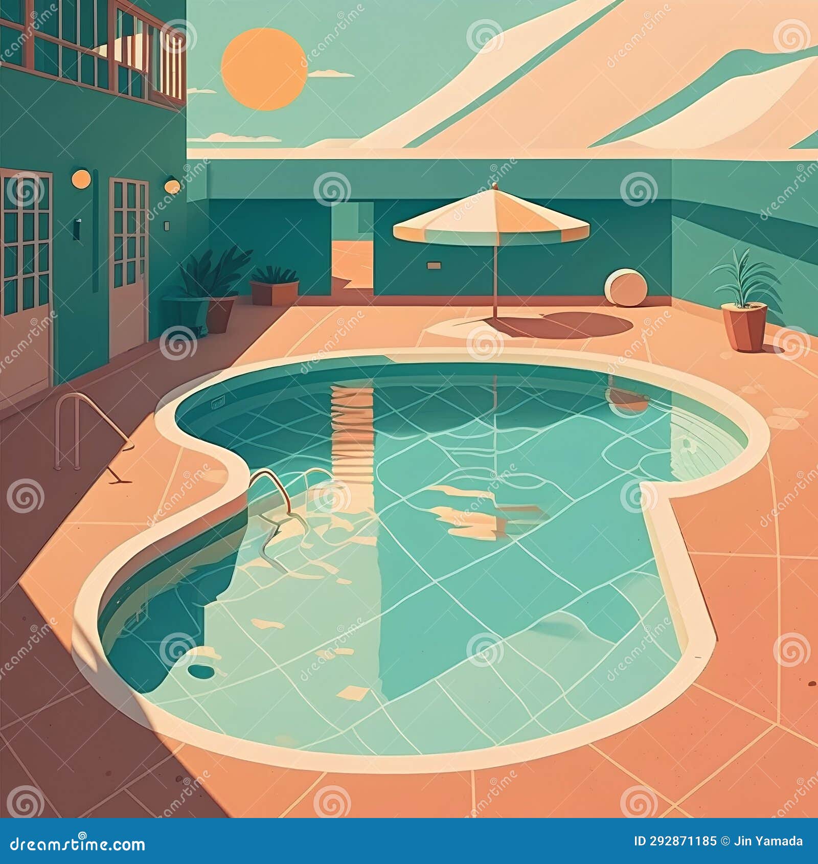 Illustration of a Swimming Pool in a Hotel at Sunset - Vector Stock ...
