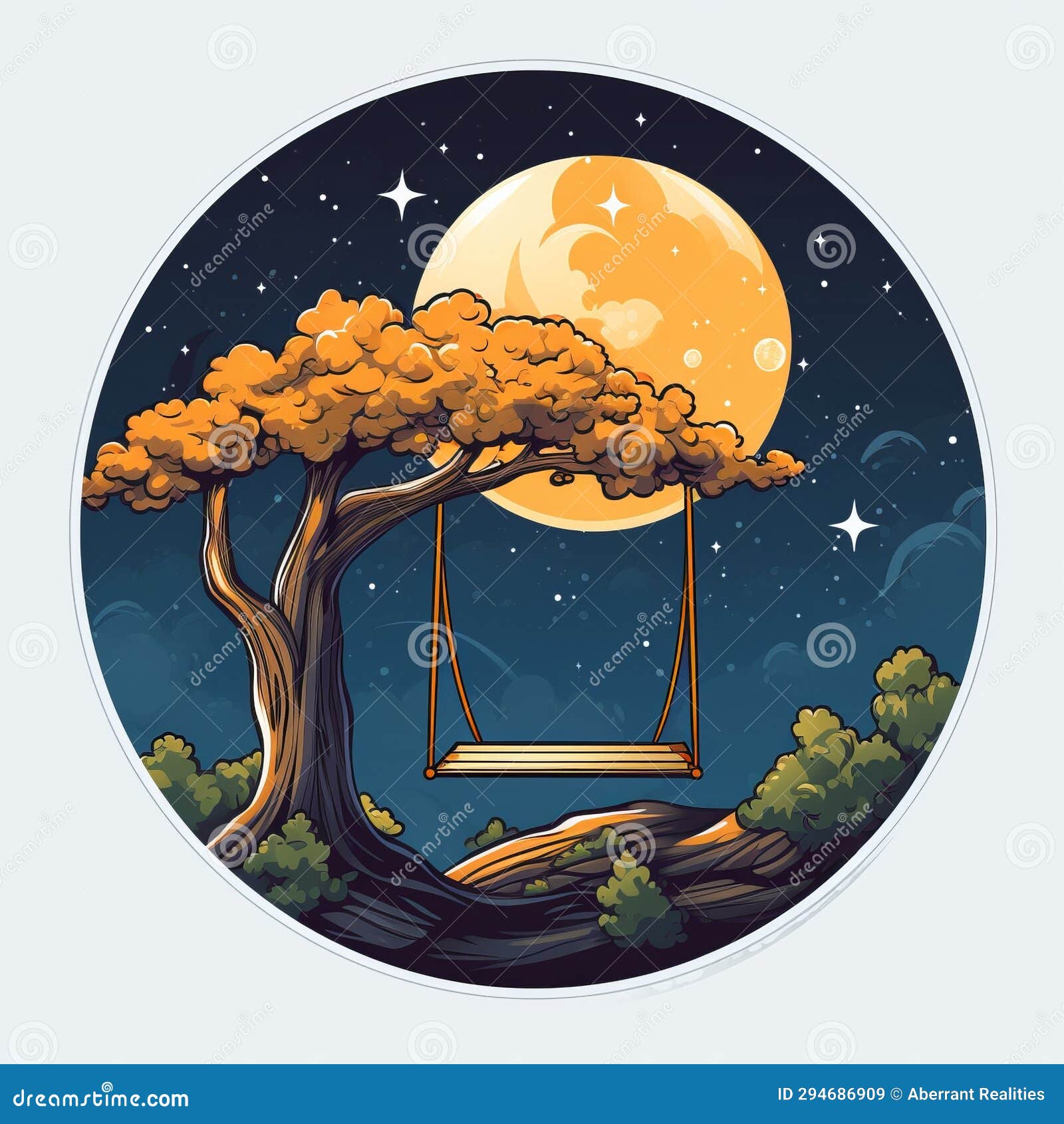 An Illustration of a Swing Under a Tree at Night with the Moon in the ...