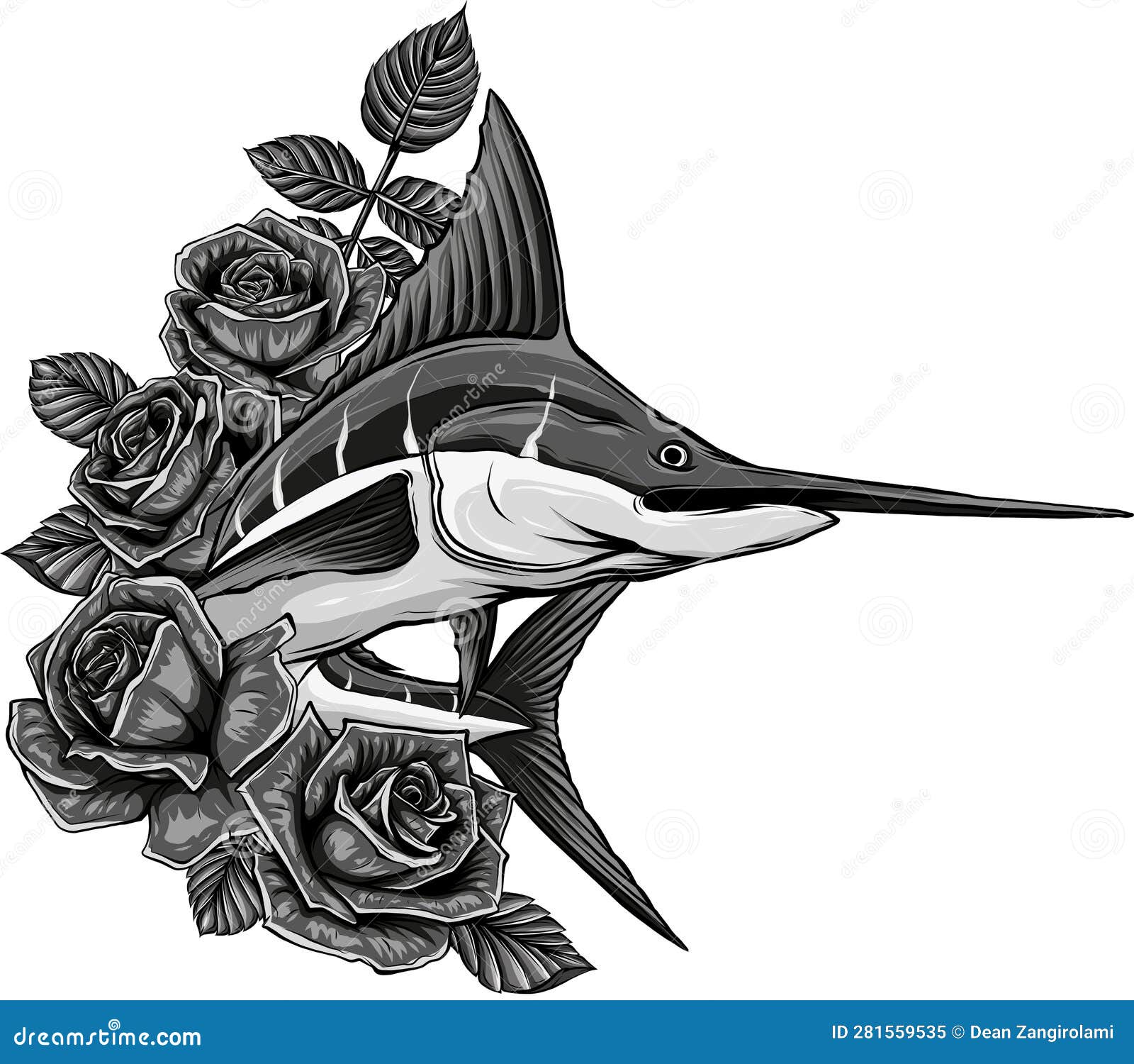 Monochromatic Illustration of Sword Fish with Roses Stock Vector ...