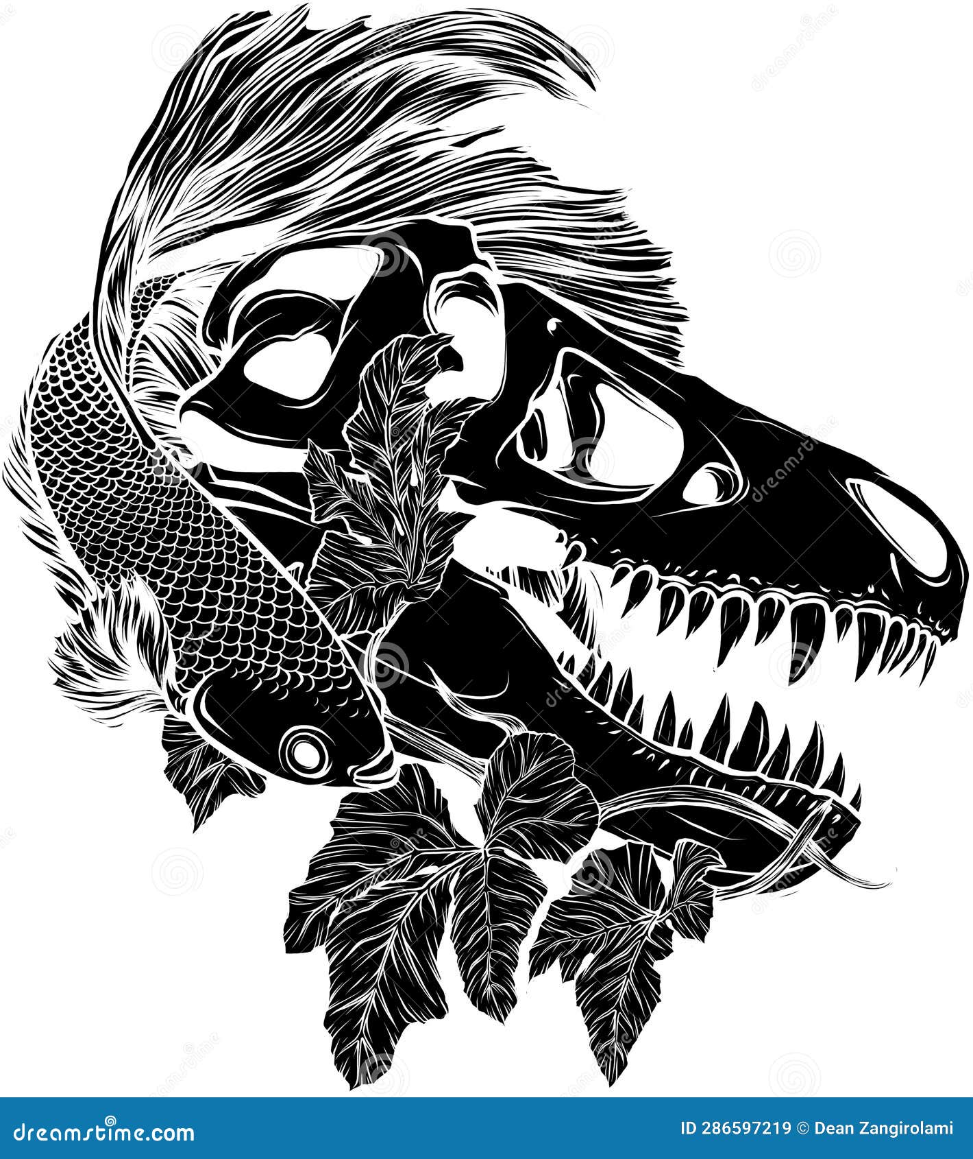 Black Silhouette of T-rex Skull with Betta Fish Stock Vector ...