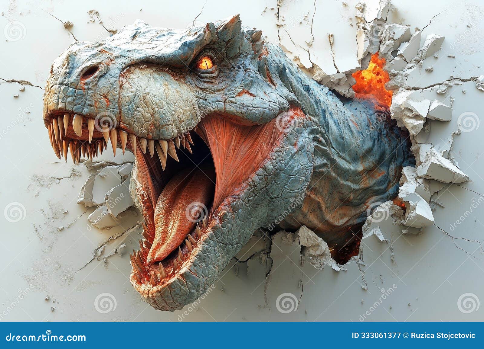Illustration of a T-Rex Smashing through a Wall and Roaring Ai ...