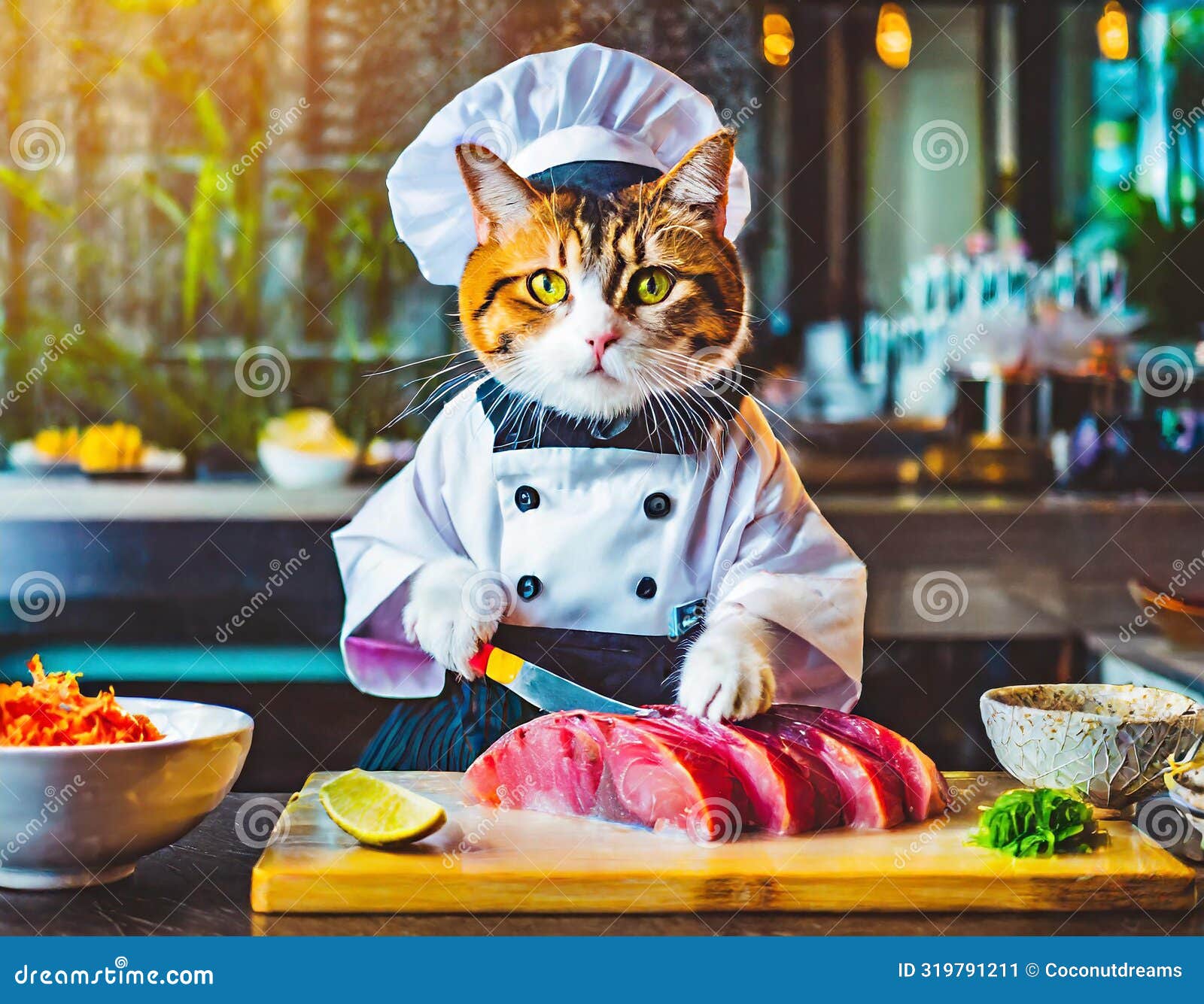 Illustration of a Tabby Cat Chef Cooking Sashimi in the Kitchen Stock ...