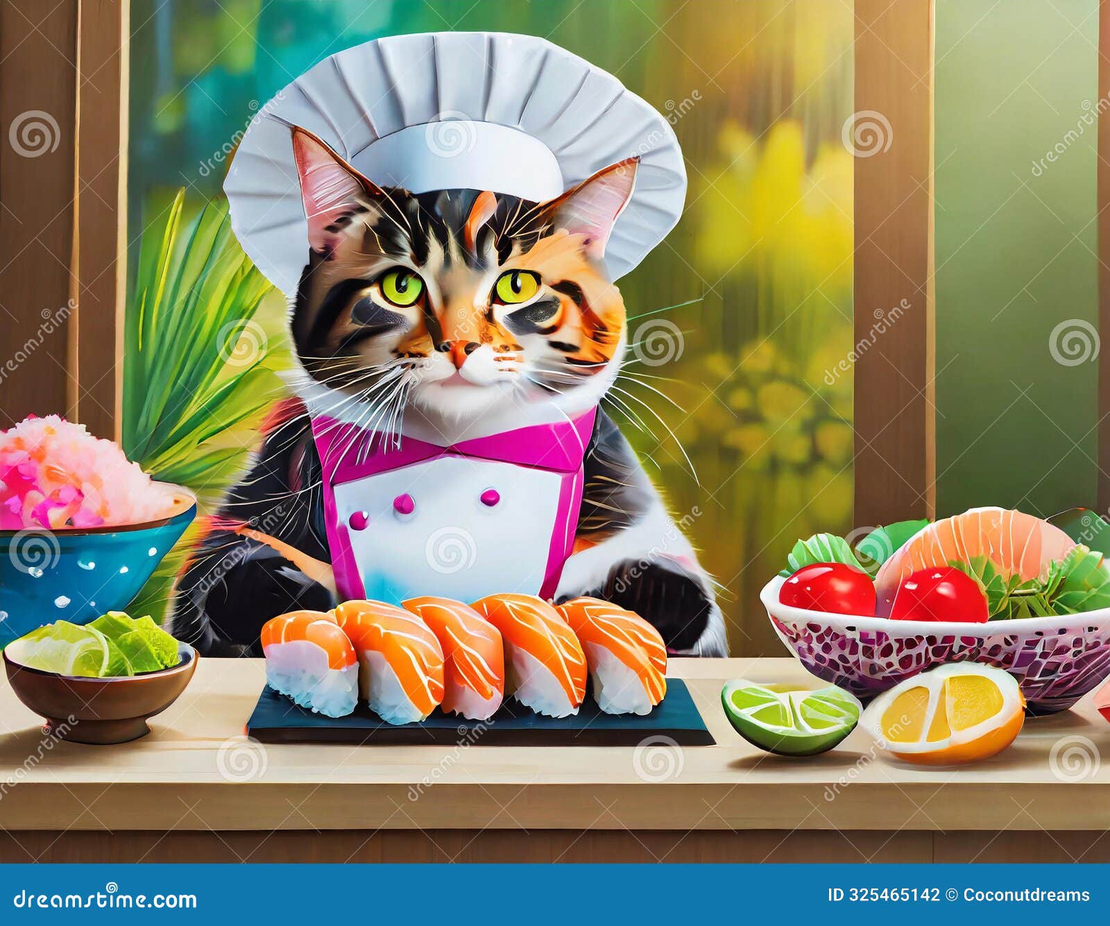 Illustration of a Tabby Cat Chef Serving Sushi Dish on the Table Stock ...