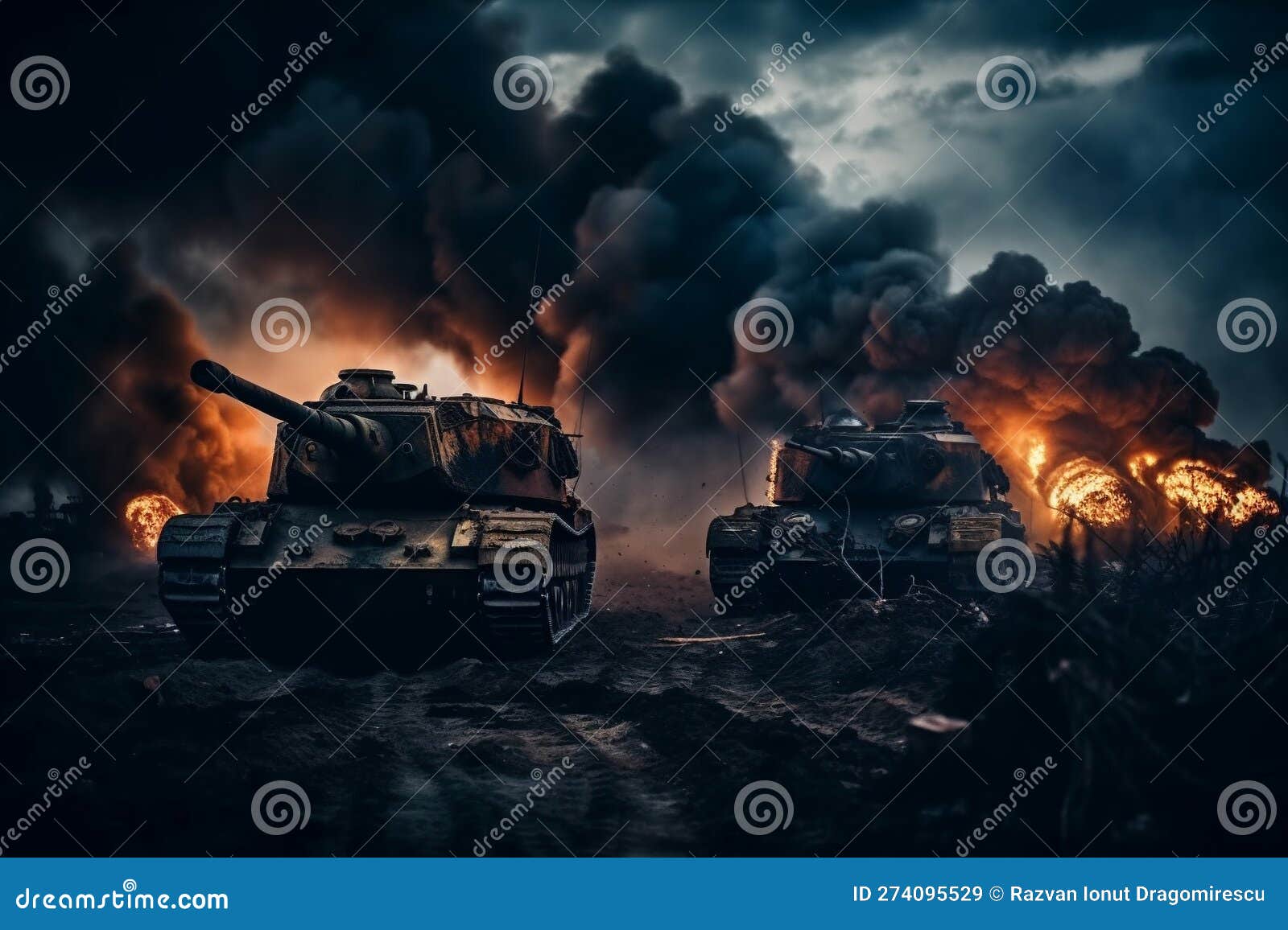Tanks in a Fierce Battle with Fire and Smoke, Representing the ...