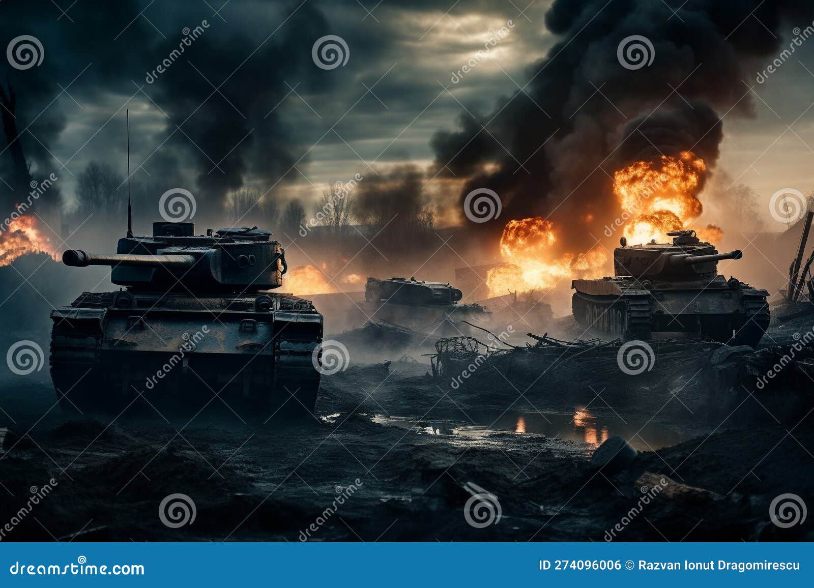 Tanks in a Fierce Battle with Fire and Smoke, Representing the ...