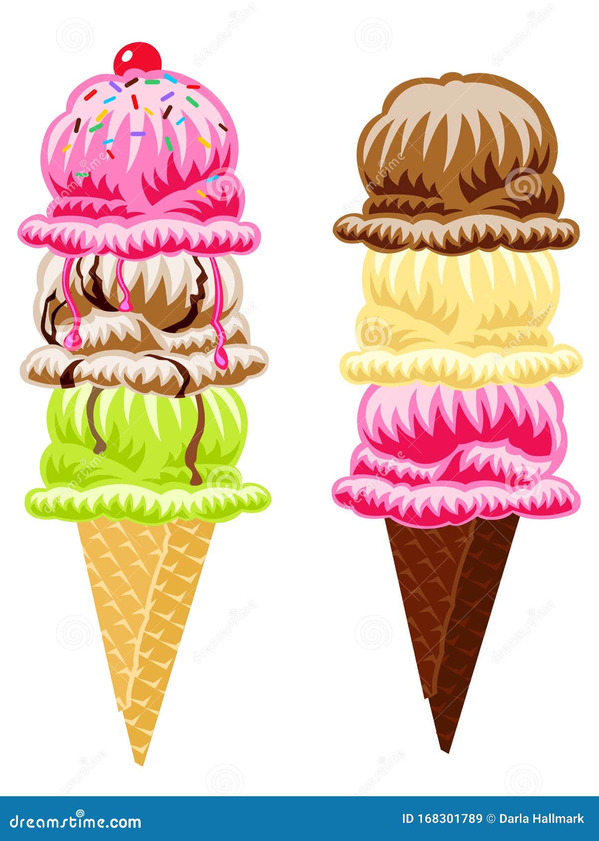 Two Triple Scoop Ice Cream Cones Stock Vector Illustration Of Lime