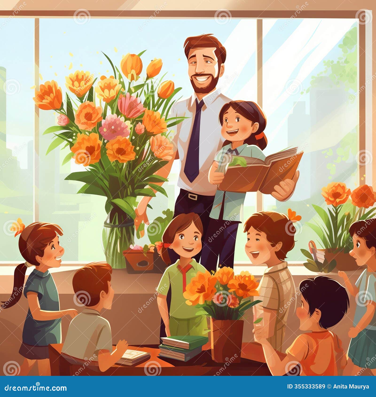 Illustration of Teachers Day Scene Students Present Professor Flowe ...