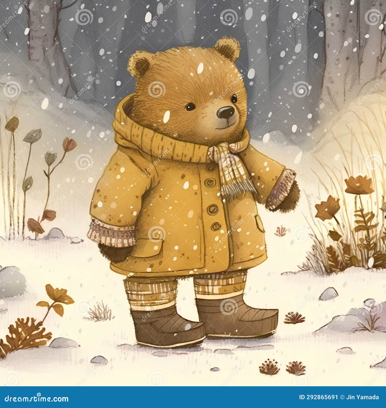 Illustration of a Teddy Bear in Winter Forest with Snowfall Stock ...