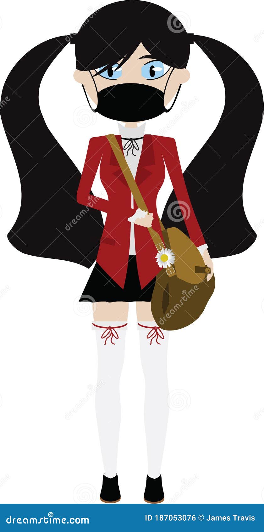 Illustration Teen School Girl In Uniform With Bag Backpack Wearing Black Cloth Face Mask Stock