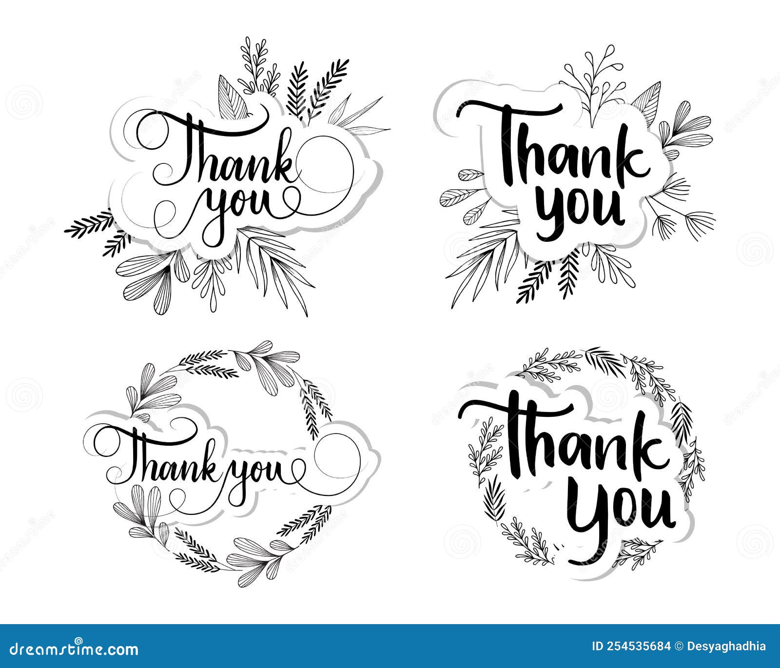 Thank You Script Decorated by Handdrawn Outline Floral Vector ...