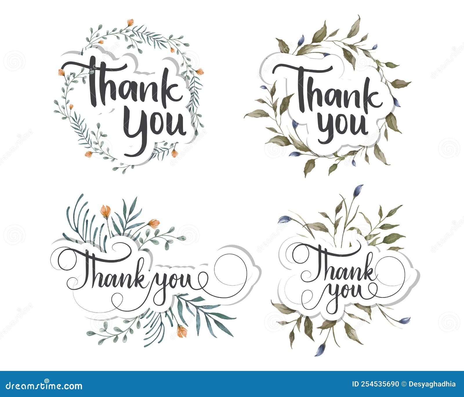 Thank You Script Decorated by Watercolor Floral Illustration Stock ...