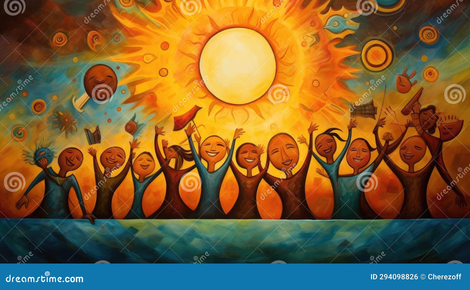 Illustration on the Theme of Happiness. Happy People and the Sun Stock ...