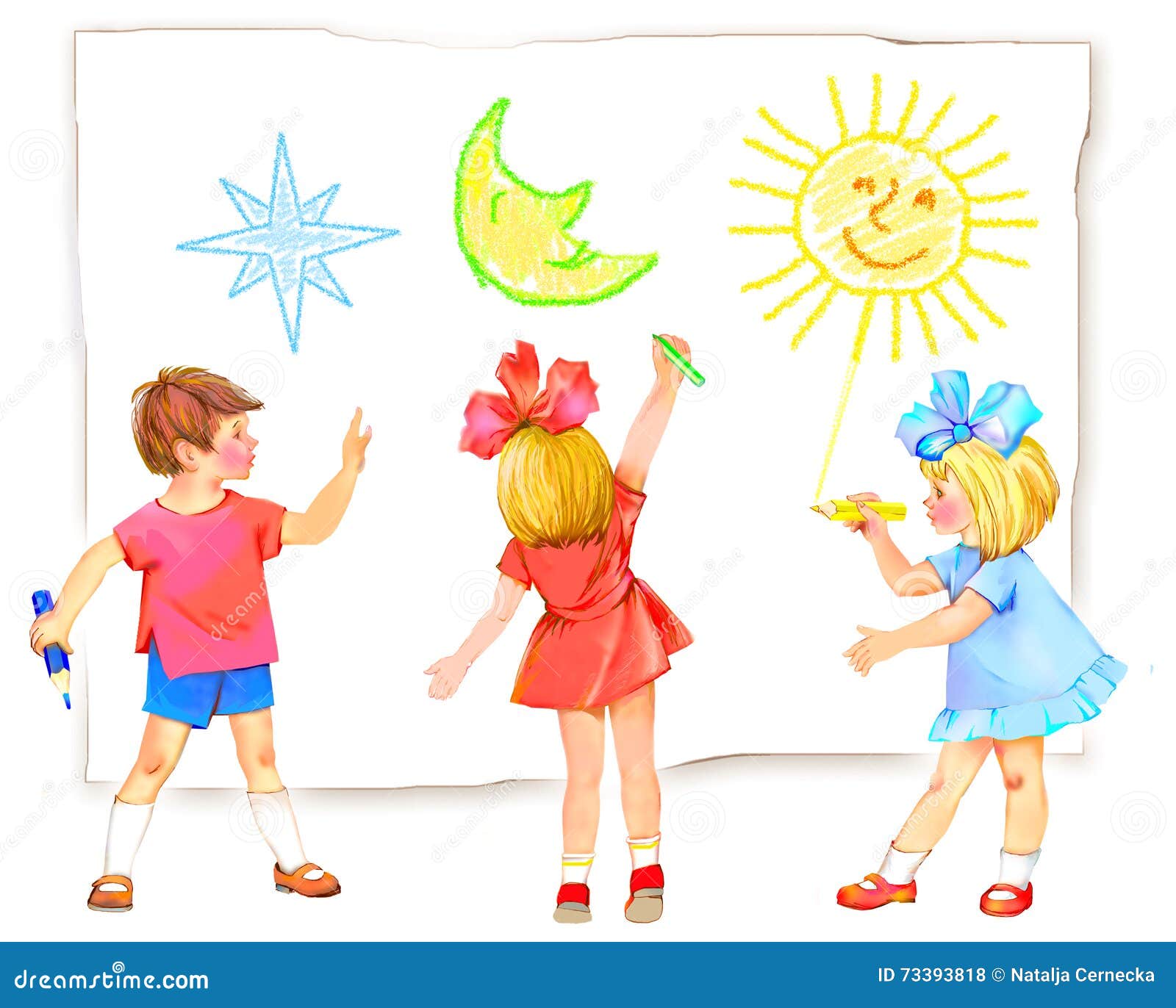 Illustration of Three Children Drawing Picture. Stock Illustration ...