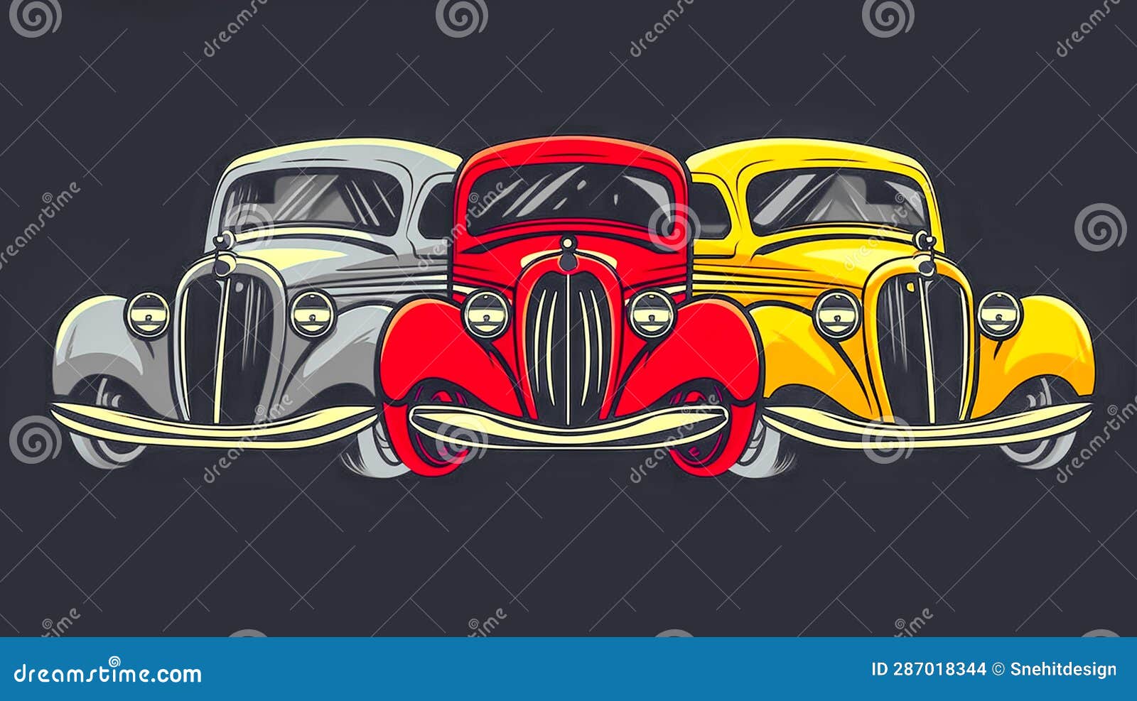 An Illustration of Three Different Color Vintage Cars Stock ...