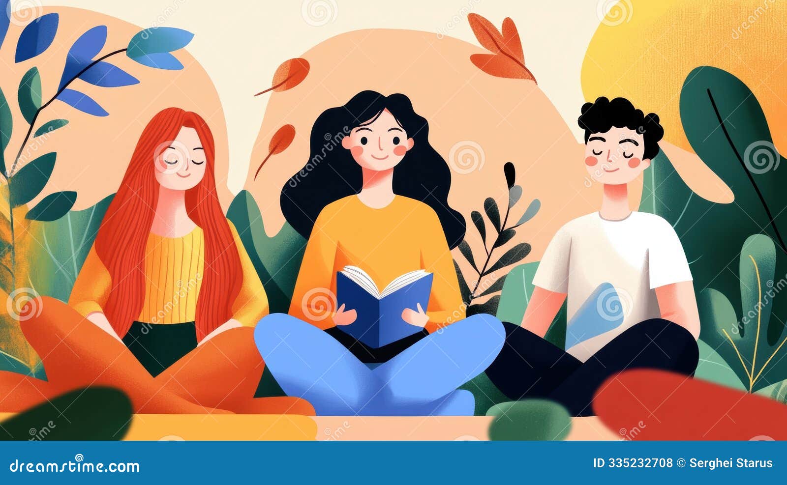Illustration of Three People Sitting on the Ground Reading a Book, AI ...