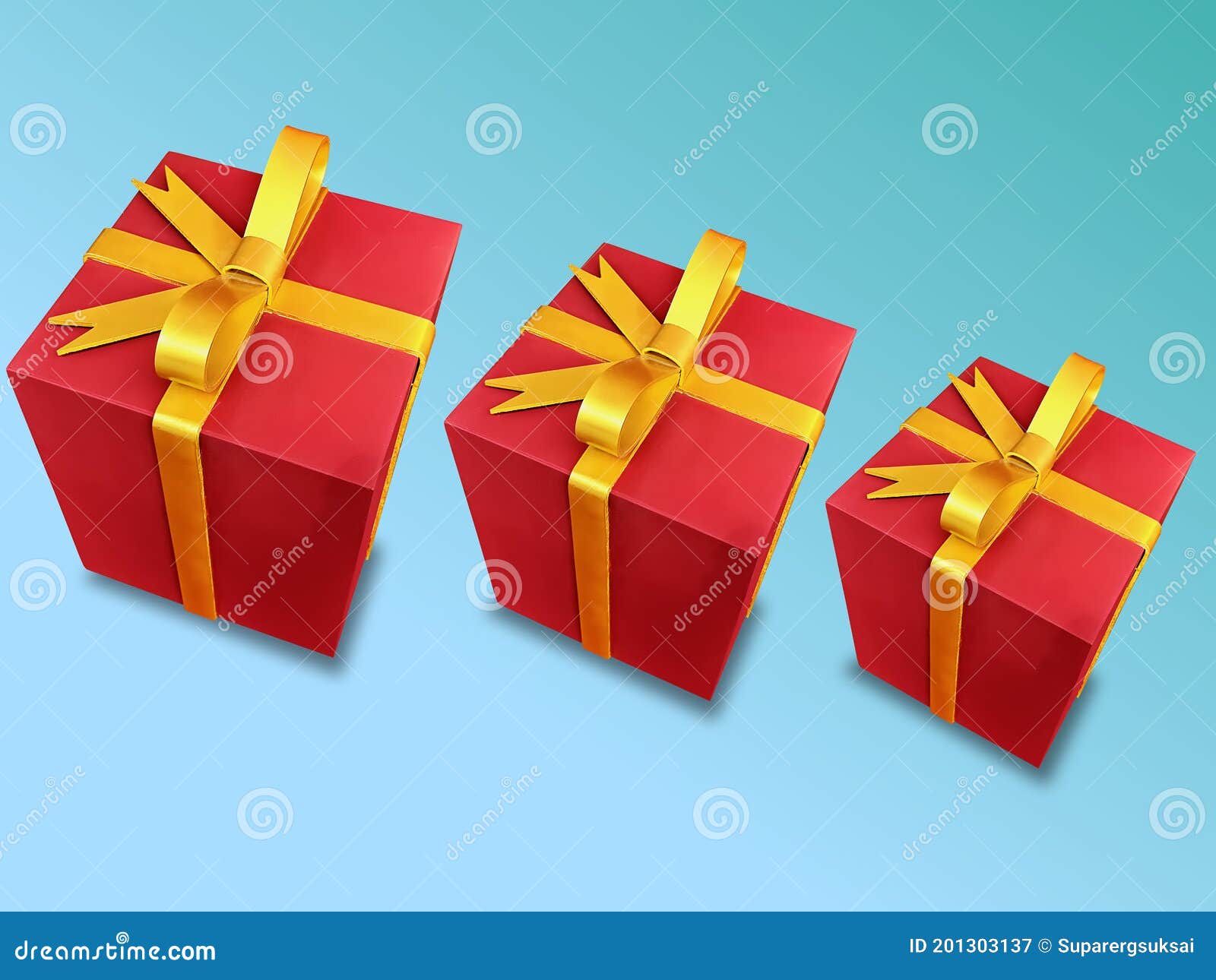 Three Red Christmas Present Boxes Isolated on Light Blue Gradient ...