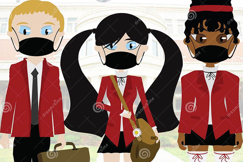 Illustration Three School Students in Uniforms and Face Mask Stock ...