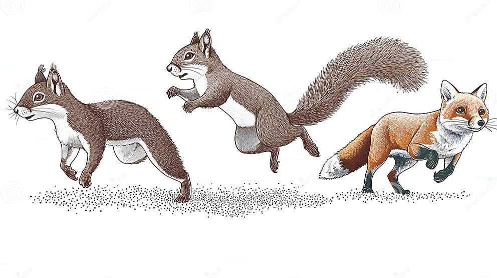 Illustration of Three Squirrels and a Fox Stock Illustration ...