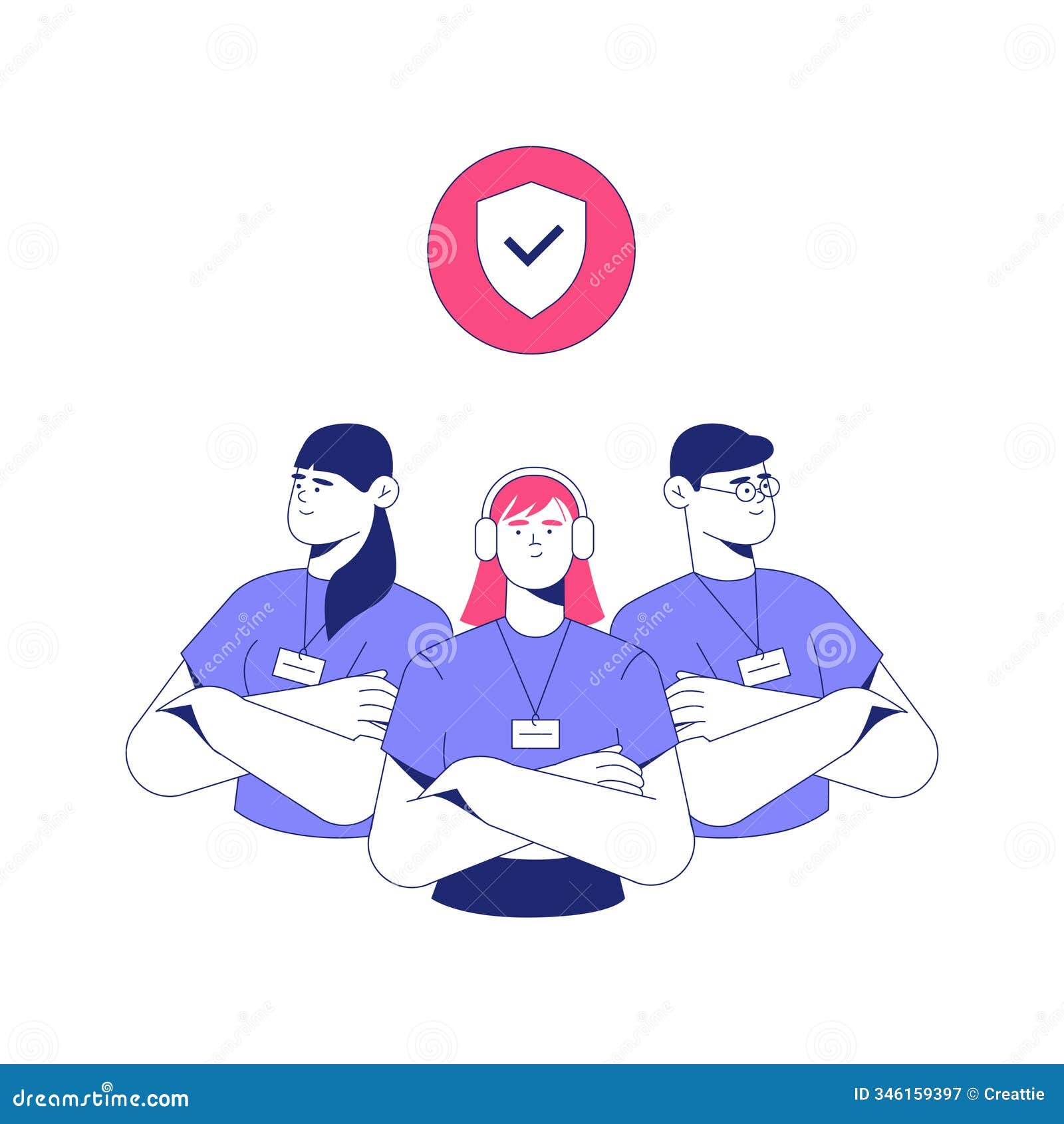 Three Team Members with Shield and Checkmark in Flat Vector ...