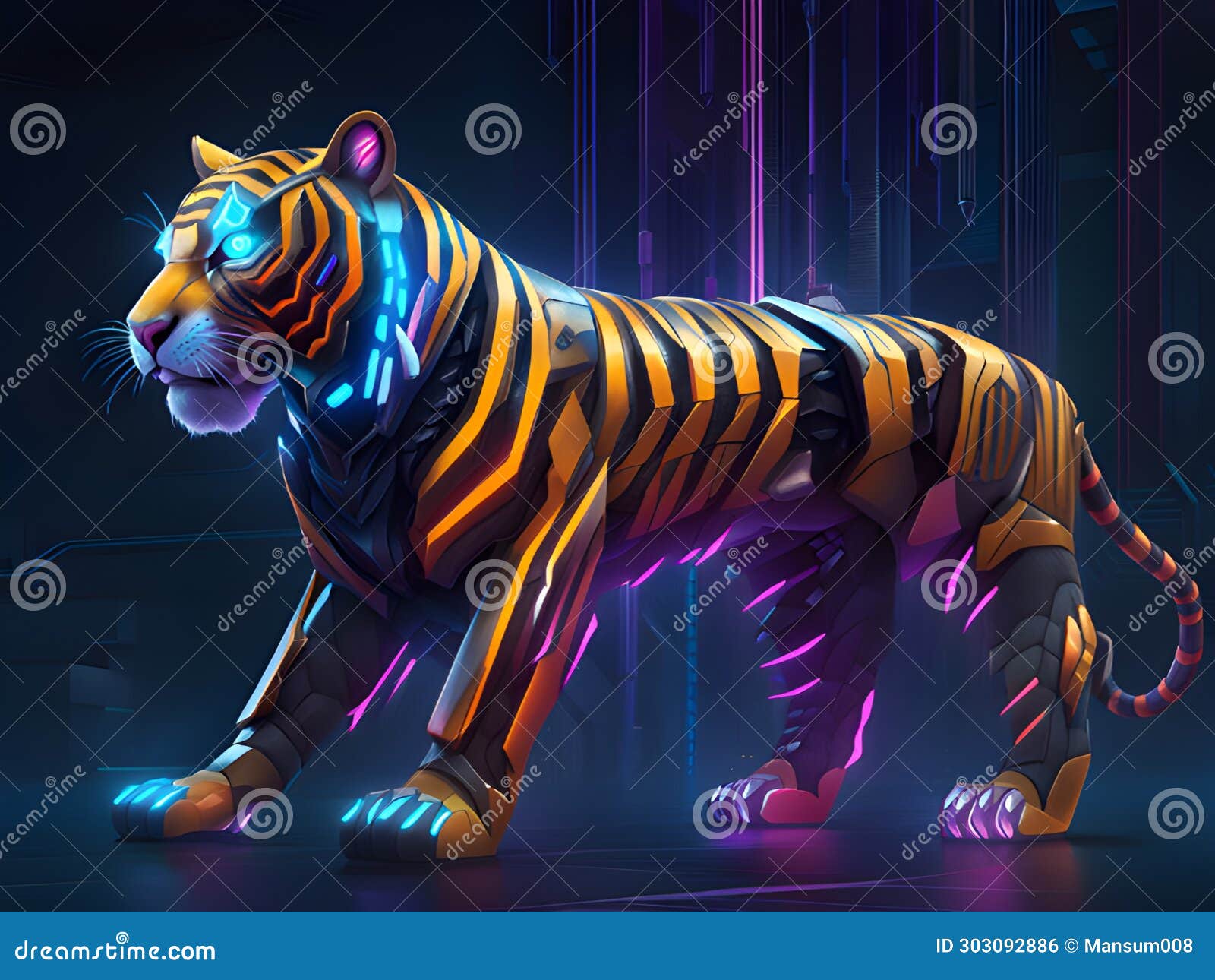 Illustration of Tiger Face with Neon Lights on Background of Futuristic ...