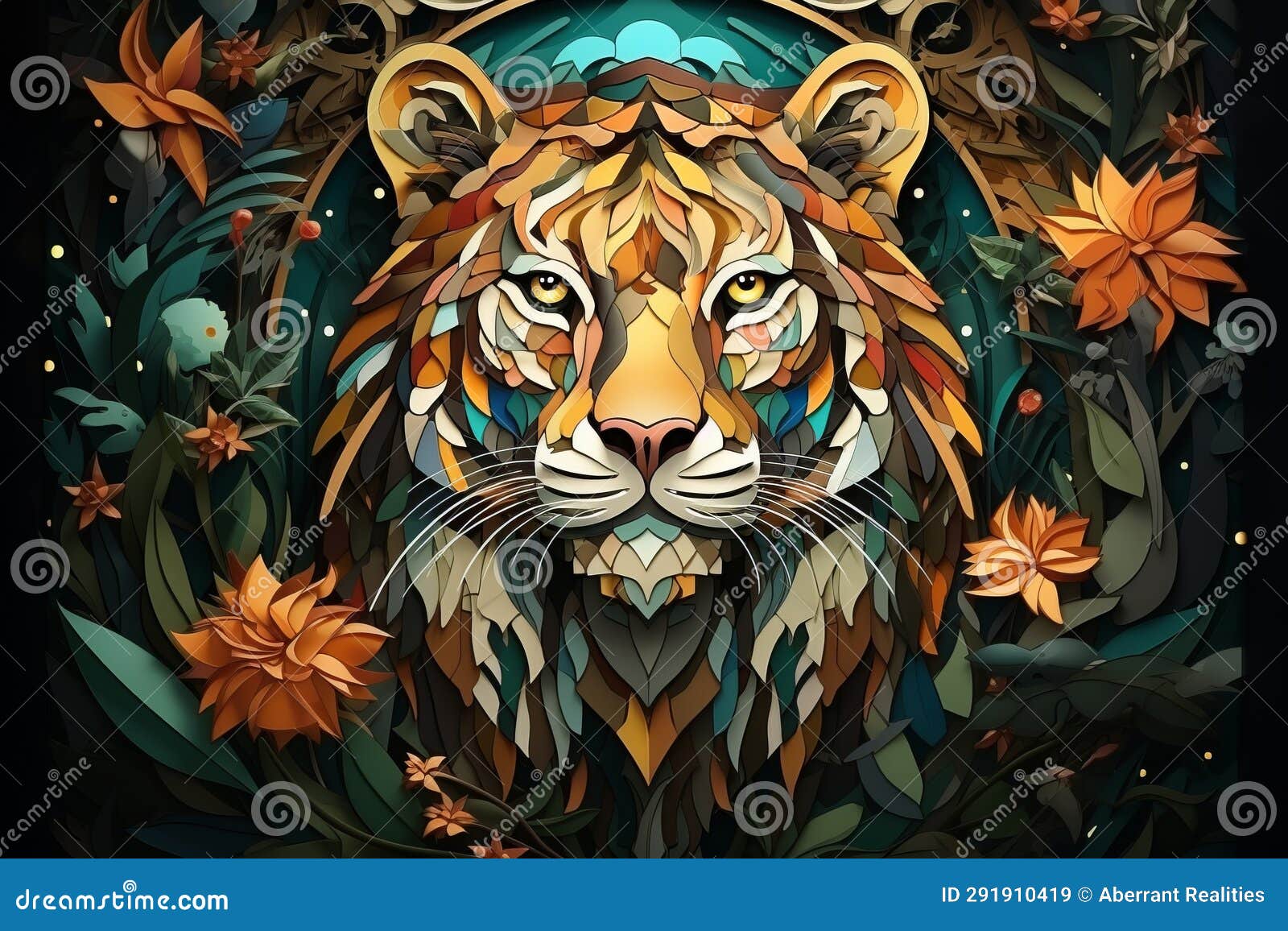 An Illustration of a Tiger with Flowers and Leaves Stock Illustration ...